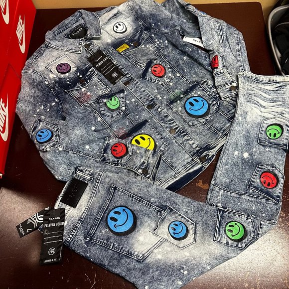Reason | Jackets & Coats | Reason Mens Blue Smileyface Denim Jacket And ...